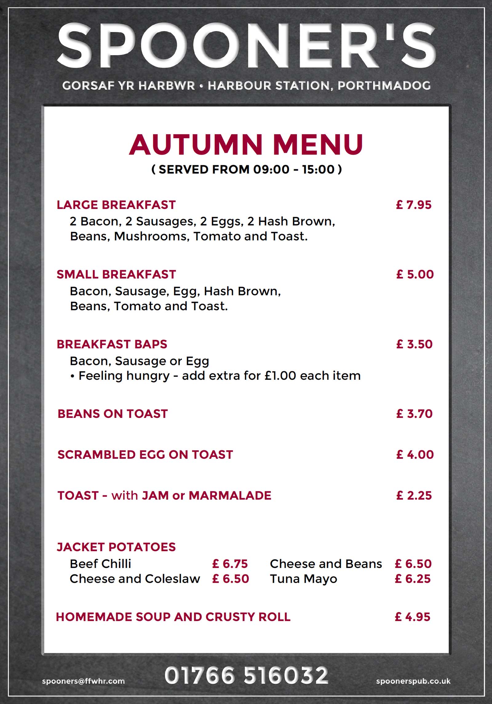 Spooner's Porthmadog – Lunch Menu