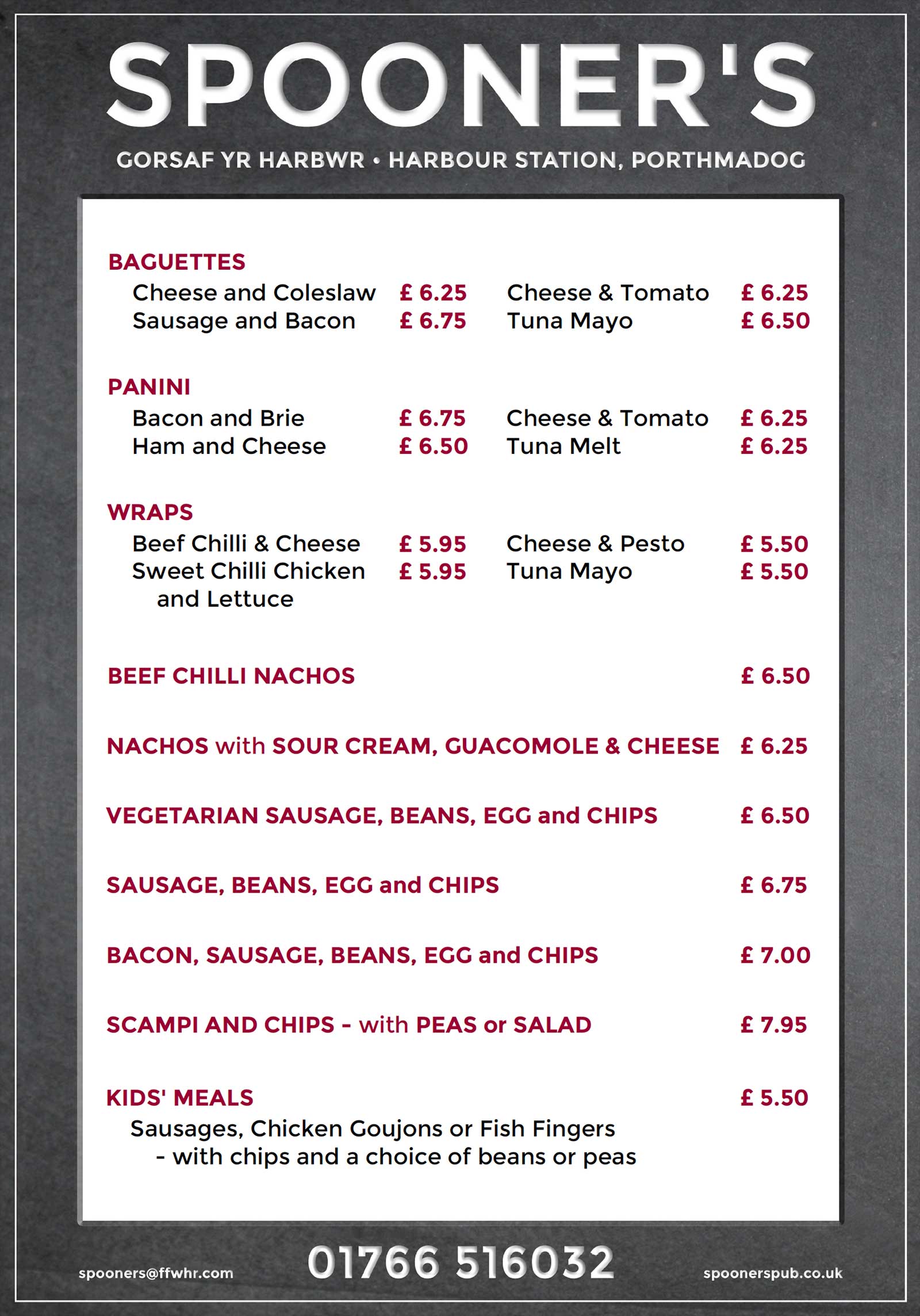 Spooner's Porthmadog – Lunch Menu