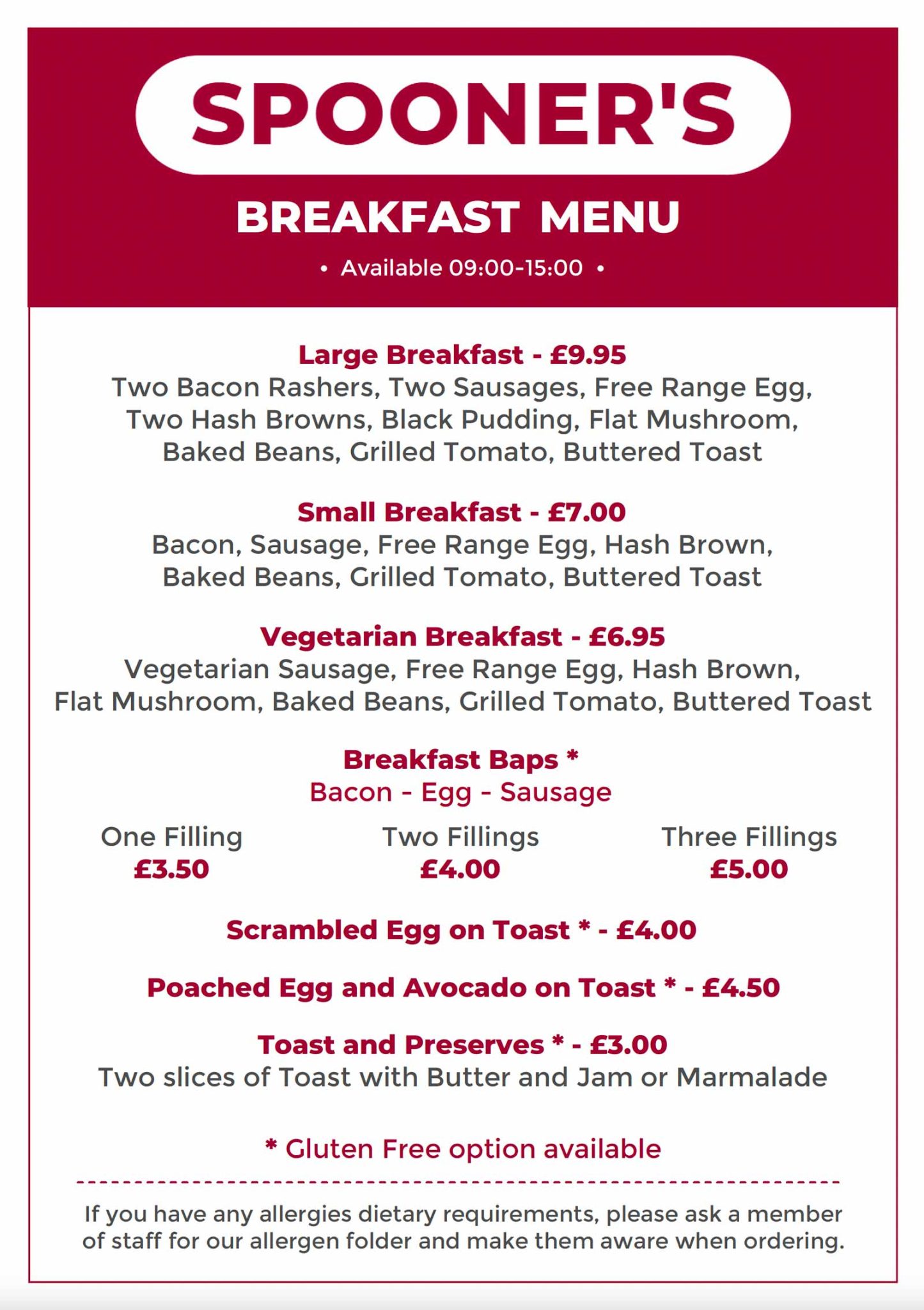Spooner's Porthmadog – Breakfast Menu
