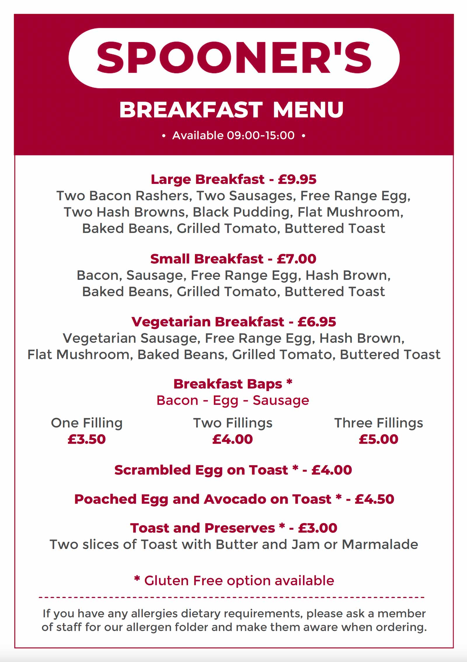 Spooner's Porthmadog – Breakfast Menu