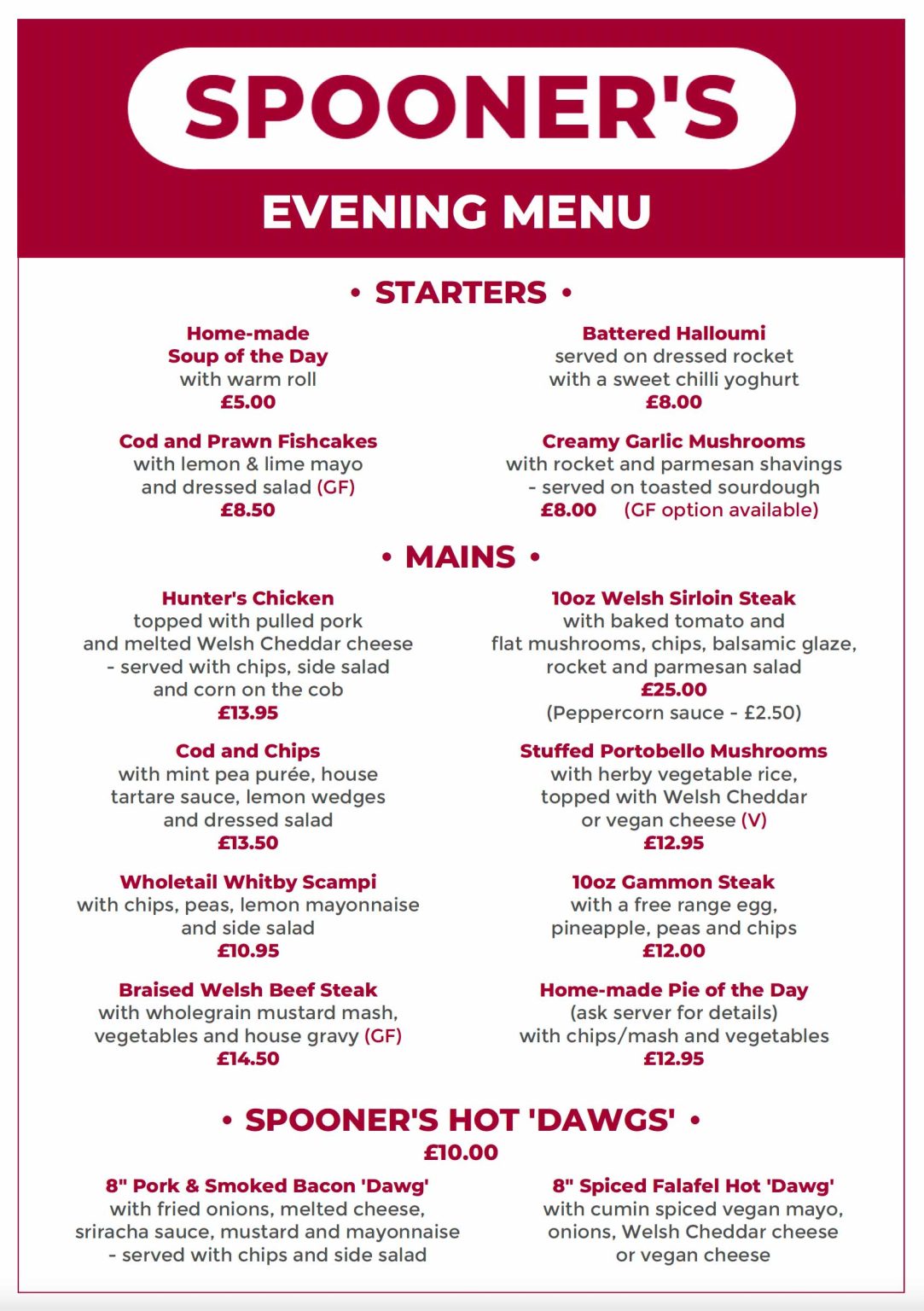 Spooner's Porthmadog – Menu
