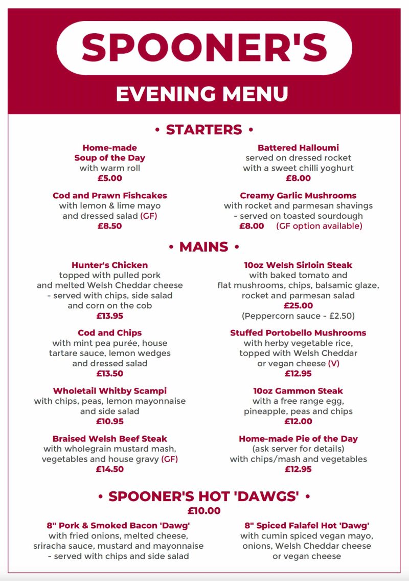Spooner's Porthmadog – Menu