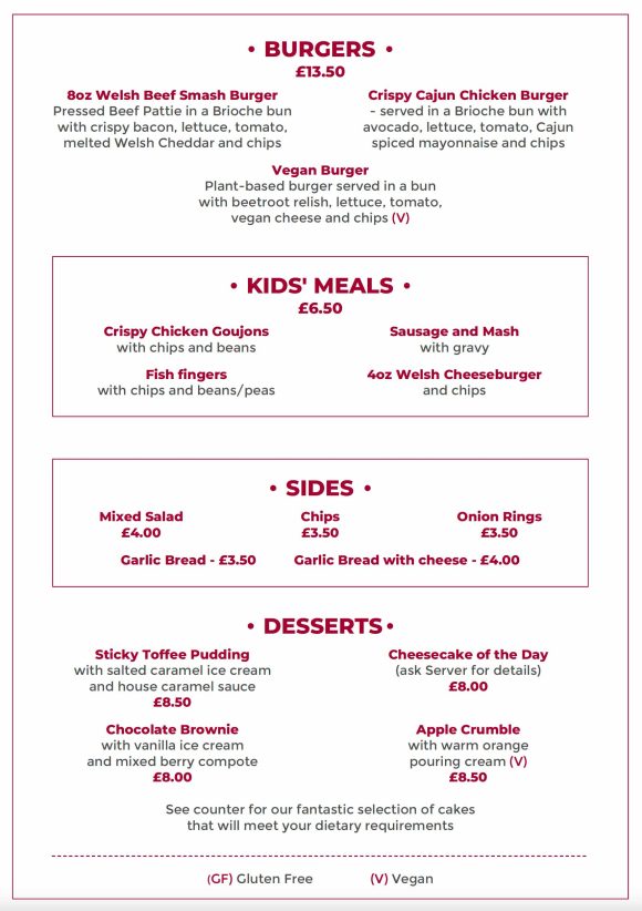 Spooner's Porthmadog – Menu