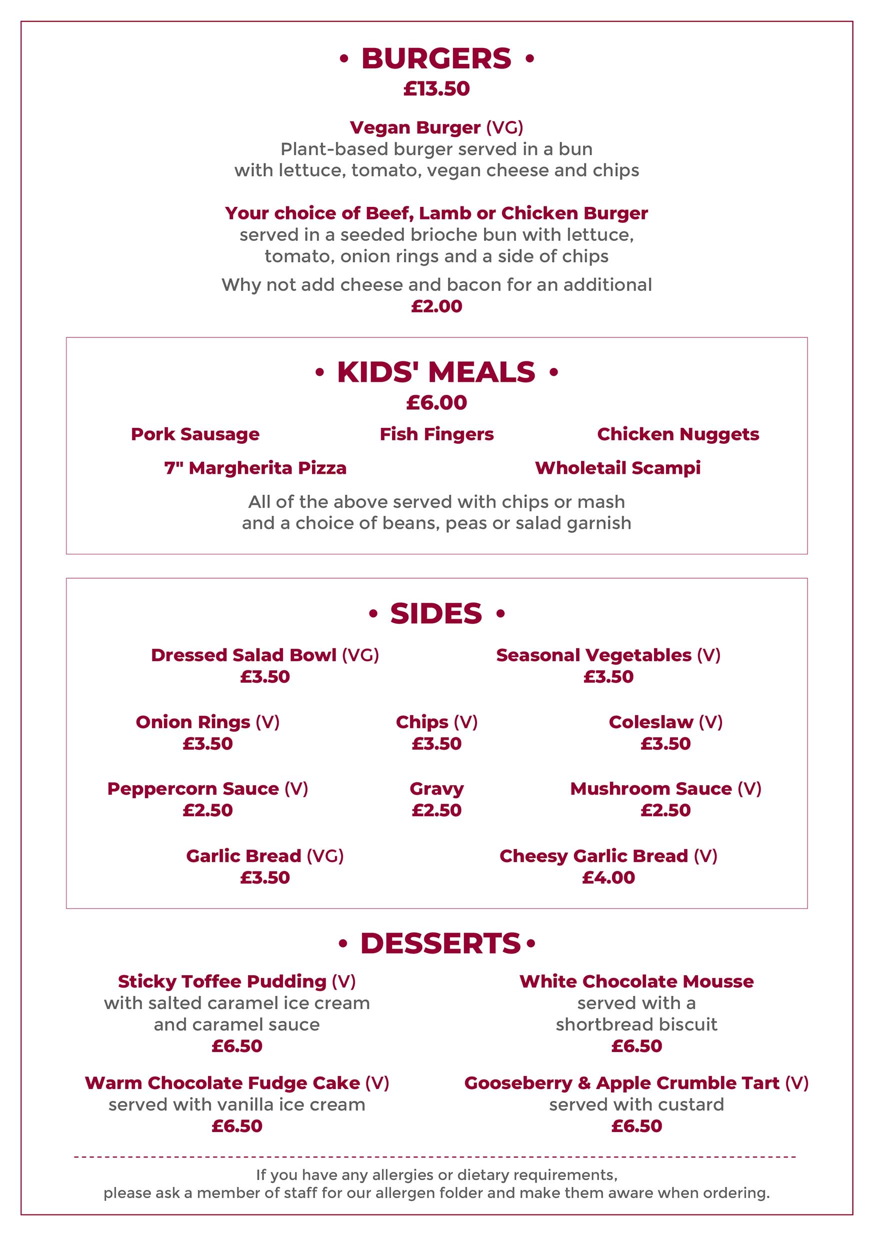 Spooner's Porthmadog – Menu