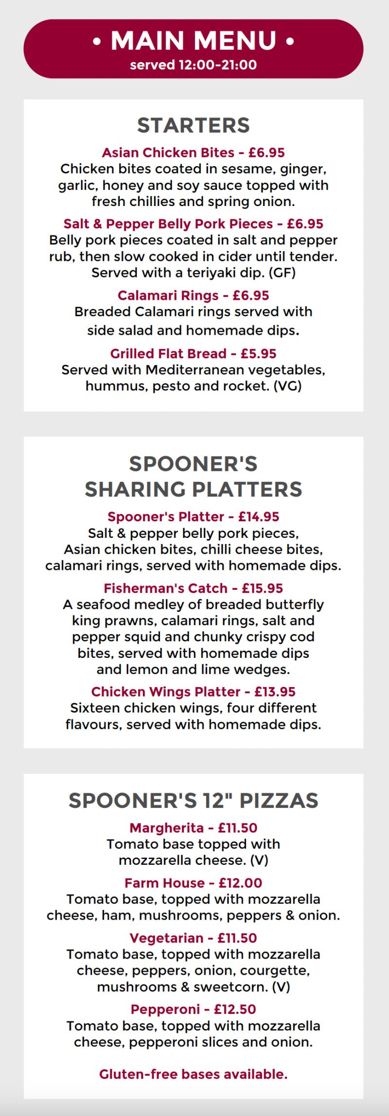 Menu – Spooner's Porthmadog