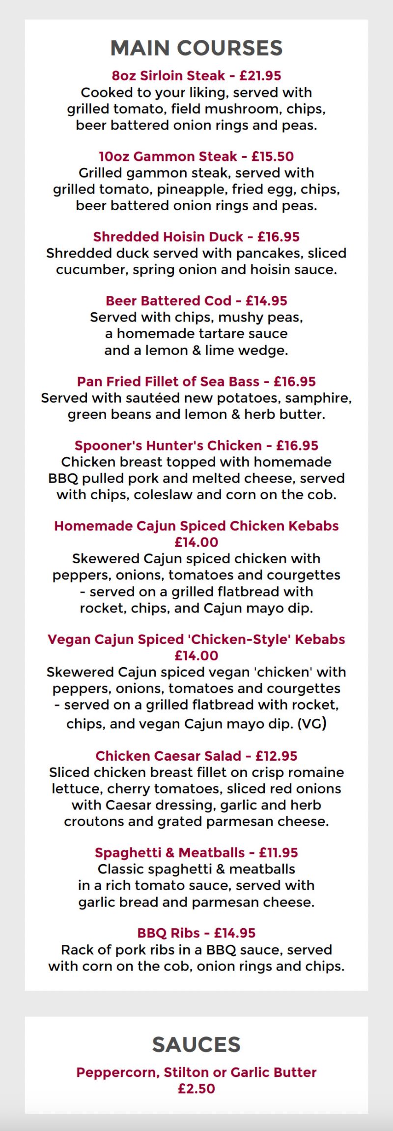 Menu – Spooner's Porthmadog