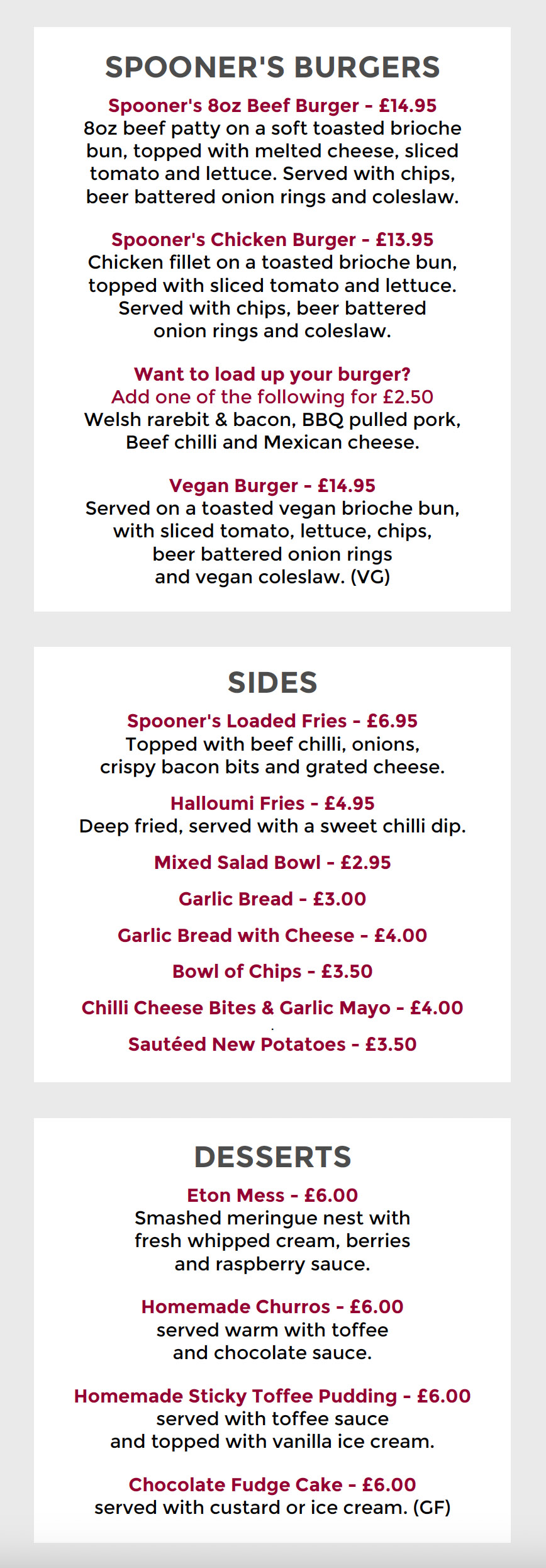 Menu – Spooner's Porthmadog