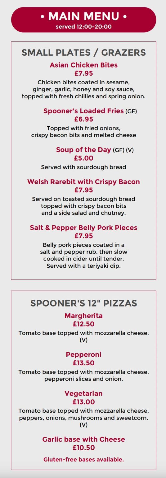 Menu – Spooner's Porthmadog